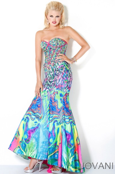 Jovani Long Multi Print Designer Mermaid Prom Dress 3819 French Novelty
