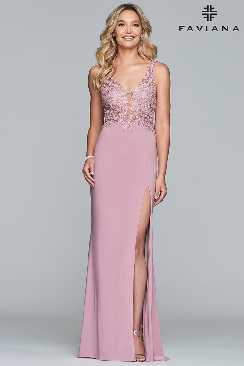 French Novelty: Faviana 10204 High Slit Jersey Prom Gown