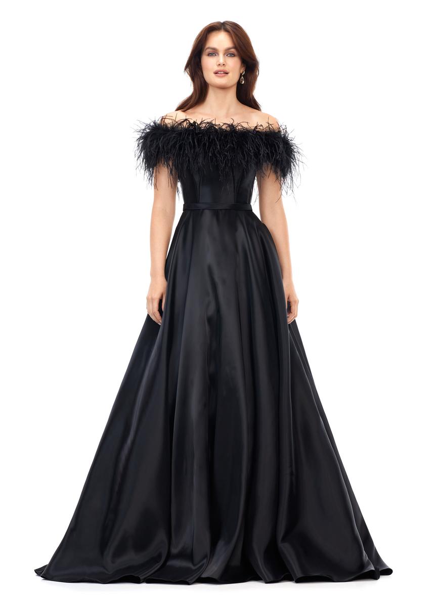 French Novelty: Ashley Lauren 11382 Feather Off Shoulder A-Line Gown
