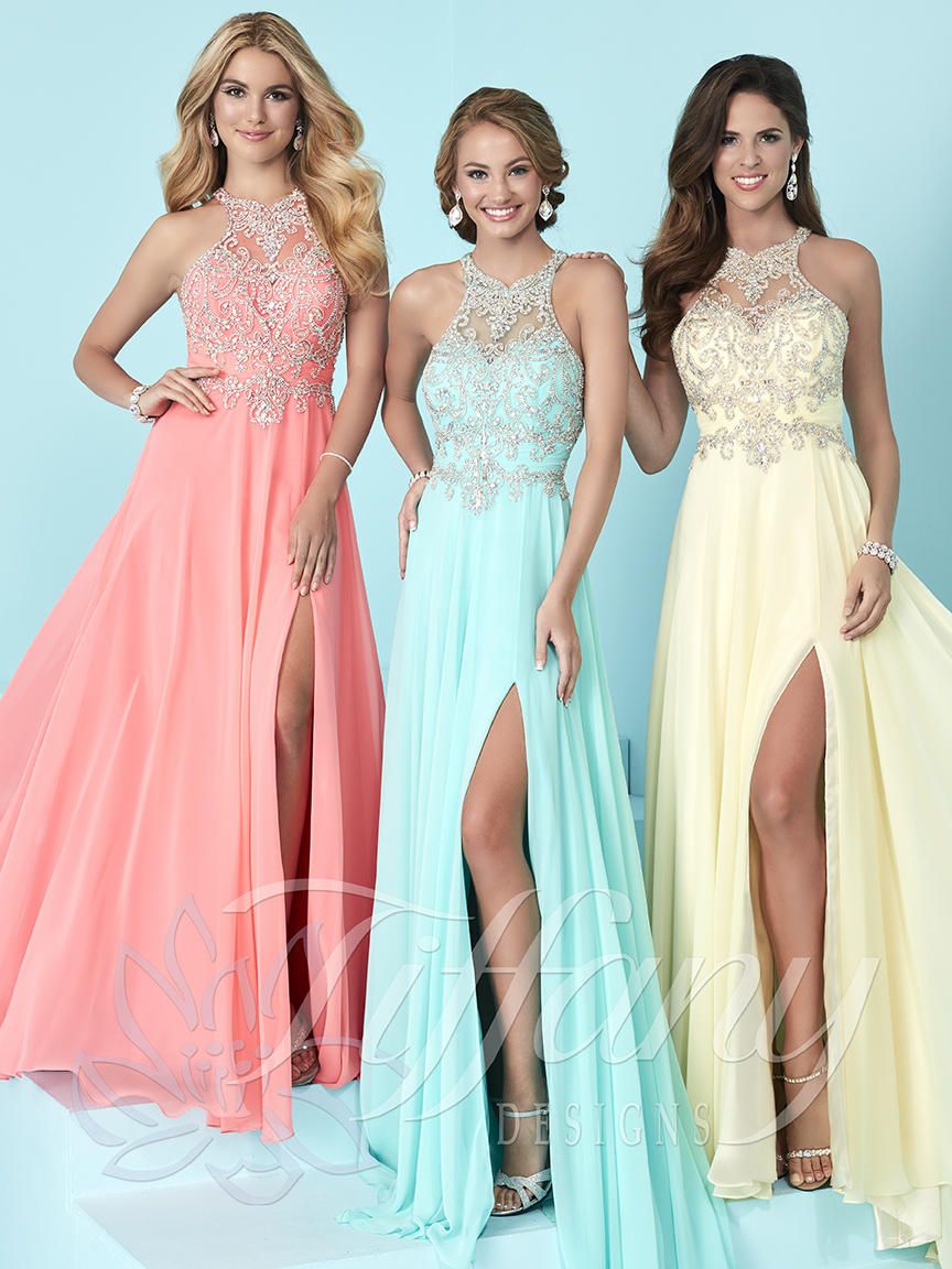 French Novelty: Tiffany Designs 16255 Halter Prom Dress with Flowy Skirt