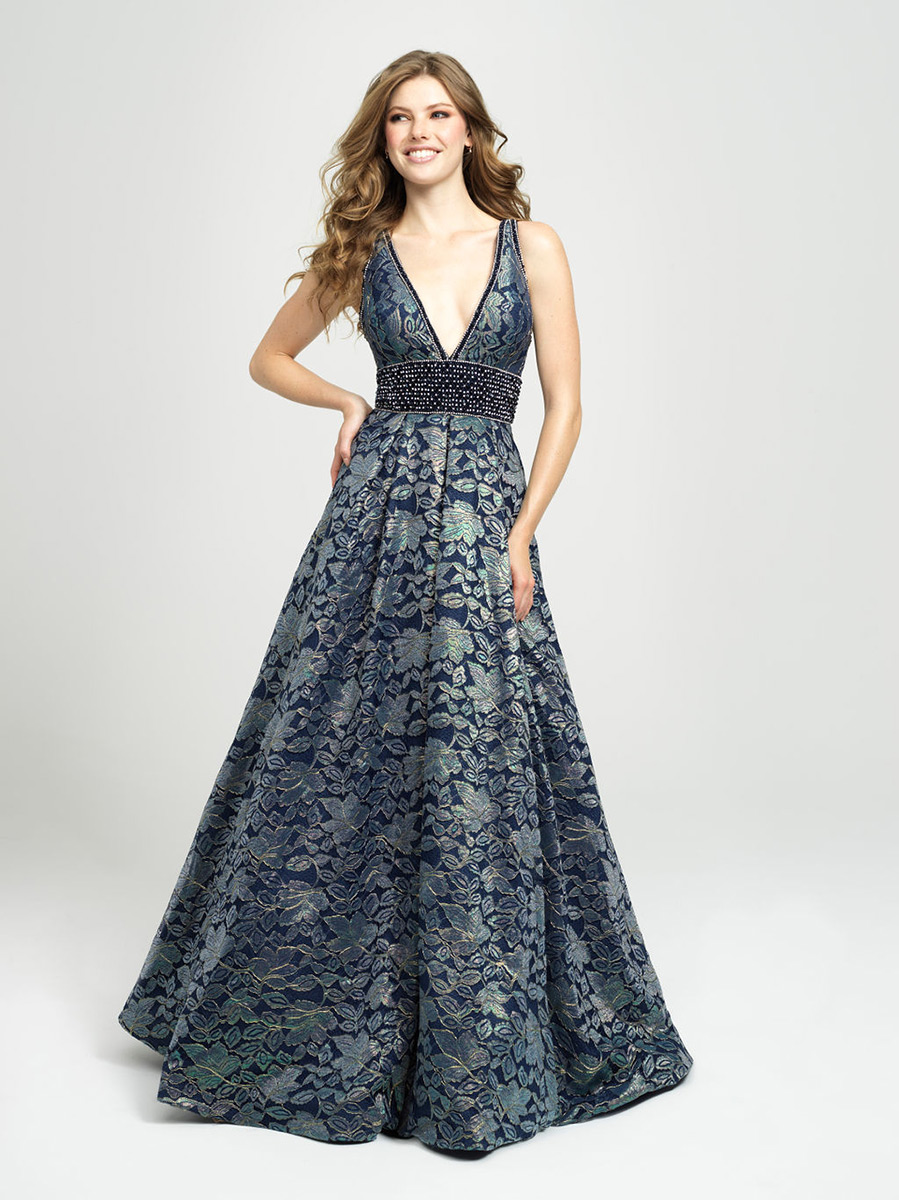 French Novelty: Madison James 19-114 Iridescent Lace Prom Gown