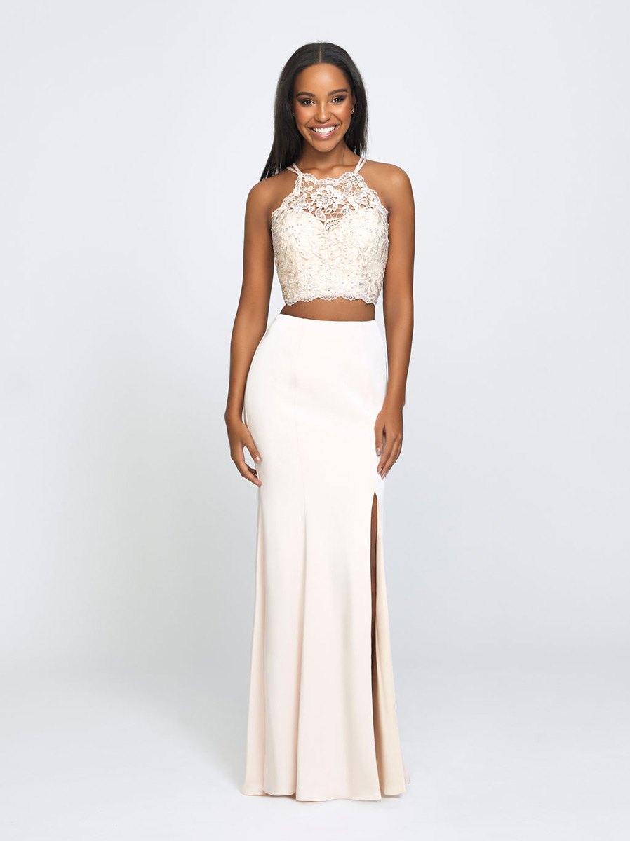 French Novelty: Madison James 19-201 Lacy Crop Top Prom Gown