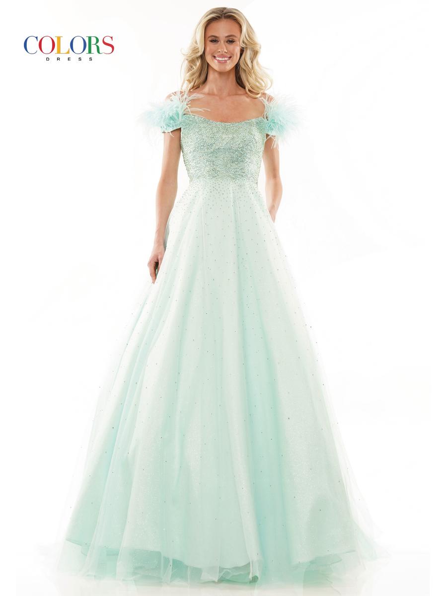 French Novelty: Colors Dress 2936 Feather Off Shoulder Prom Gown