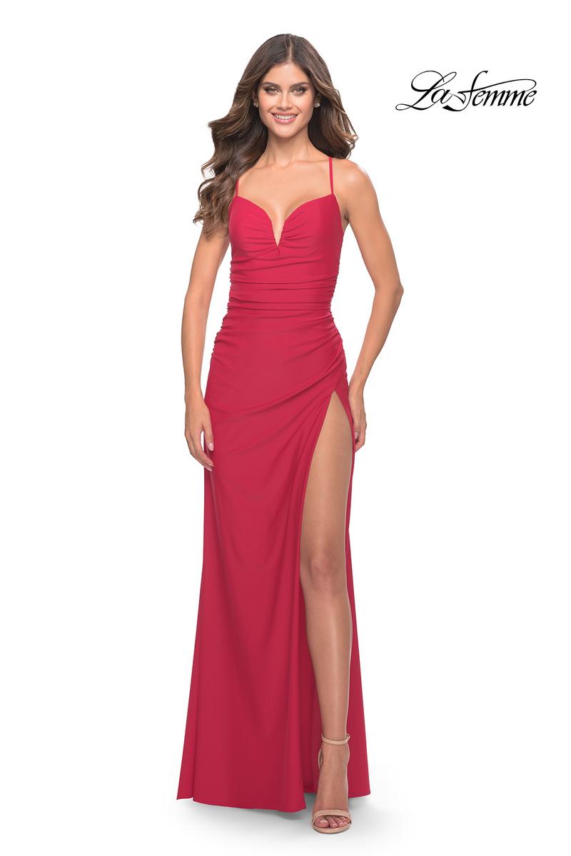 French Novelty: La Femme 31127 Ruched High Slit Prom Dress