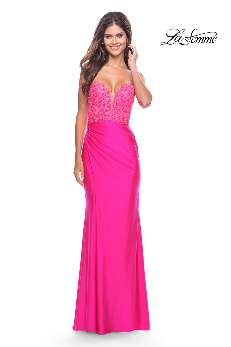 French Novelty: La Femme 31411 Strapless Lace Top Prom Dress