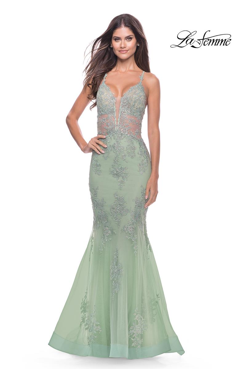 French Novelty: La Femme 31598 Sheer Lace Corset Prom Dress