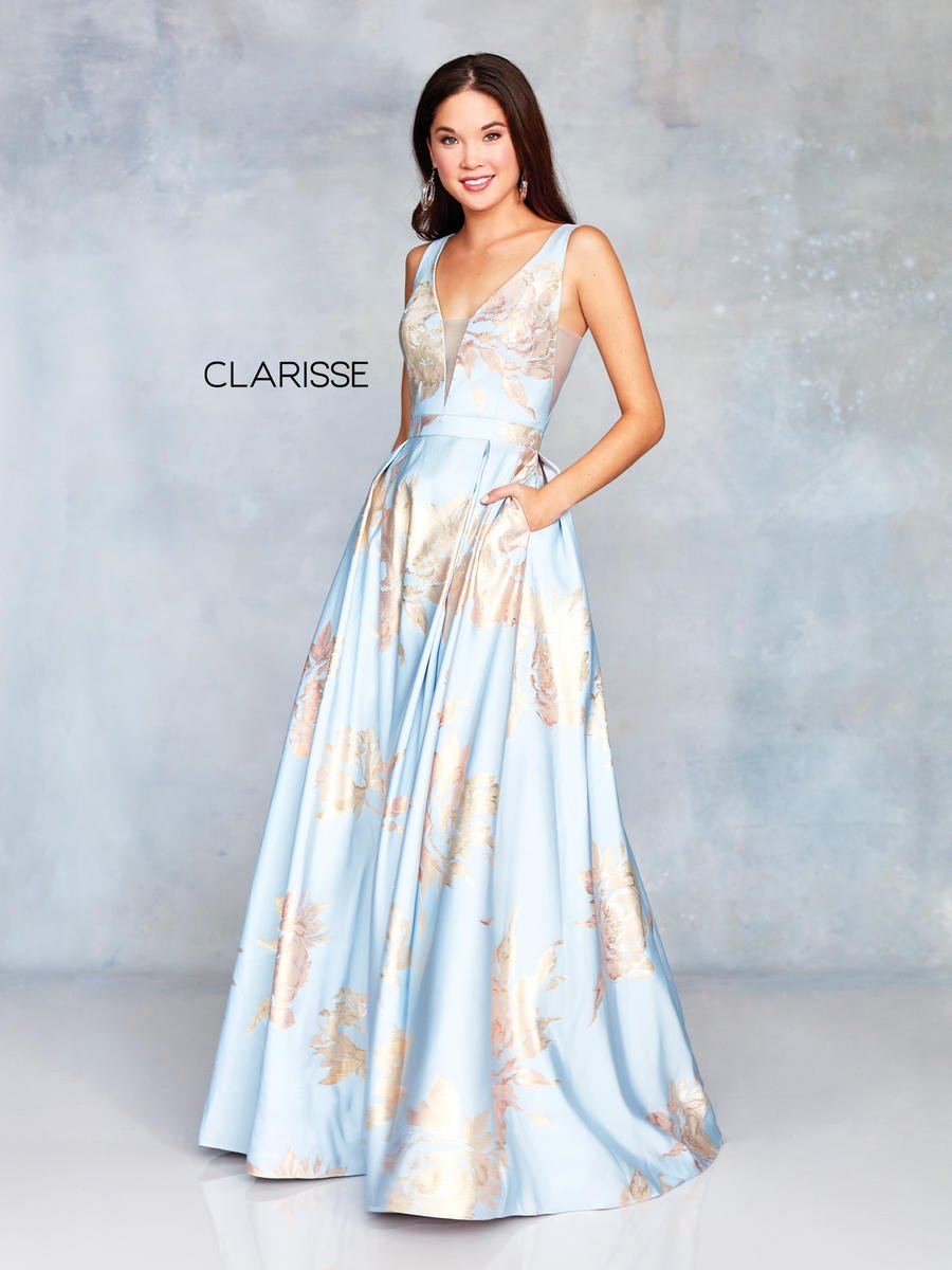 French Novelty: Clarisse 3703 Open V Back Brocade Prom Dress