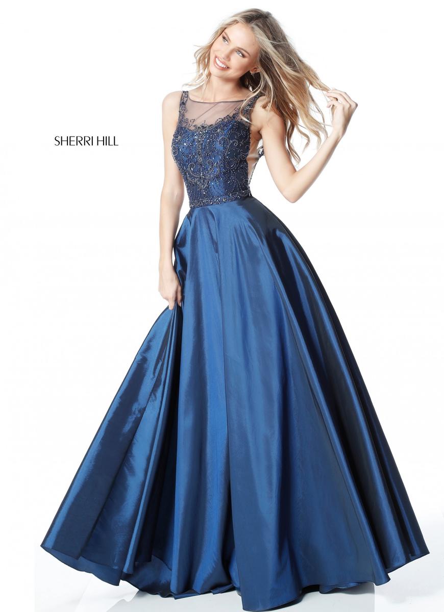 French Novelty: Size 2 Navy Sherri Hill 51478 Gown with Sheer Beaded Top