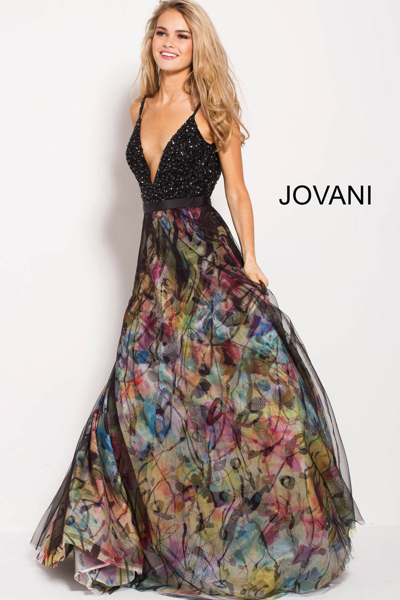 French Novelty: Jovani 58685 Plunging V Neck Print Gown