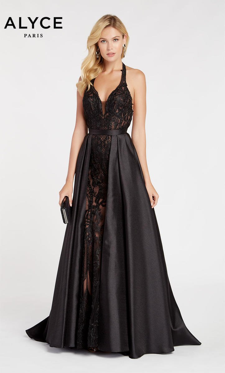 French Novelty: Alyce Paris 60494 Lace Gown with Removable Overskirt