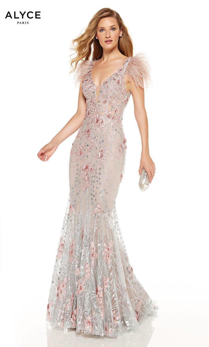 French Novelty: Alyce Paris 60738 Glitter Prom Dress with Feathers