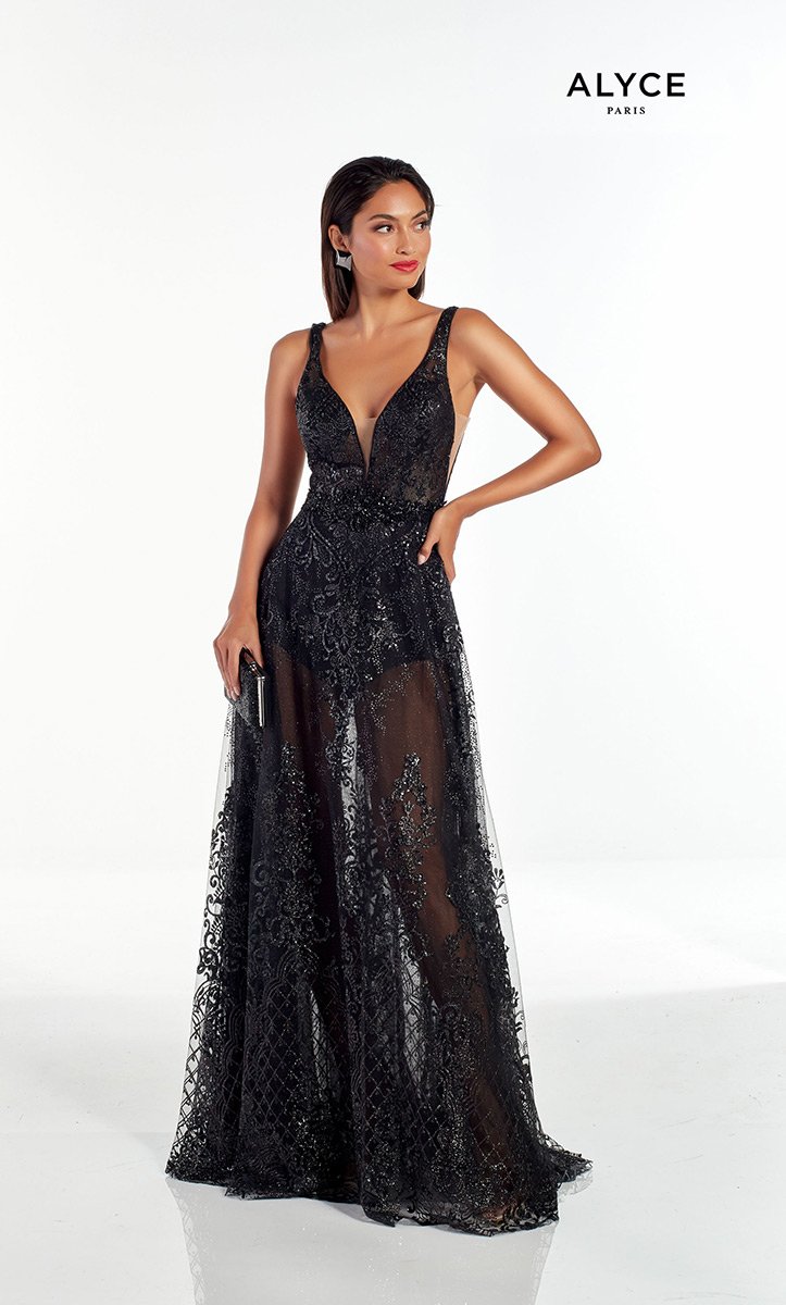 French Novelty: Alyce Paris 60941 Sheer Glitter Prom Dress