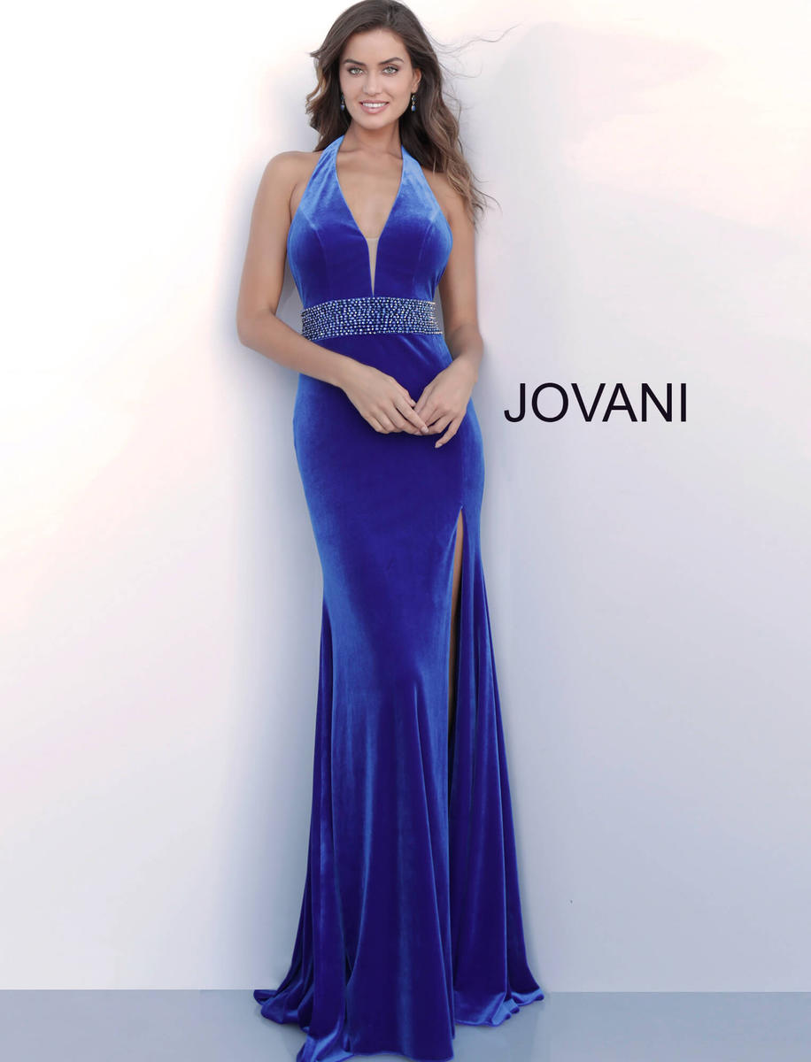 French Novelty: Jovani 63591 Velvet Halter Prom Gown
