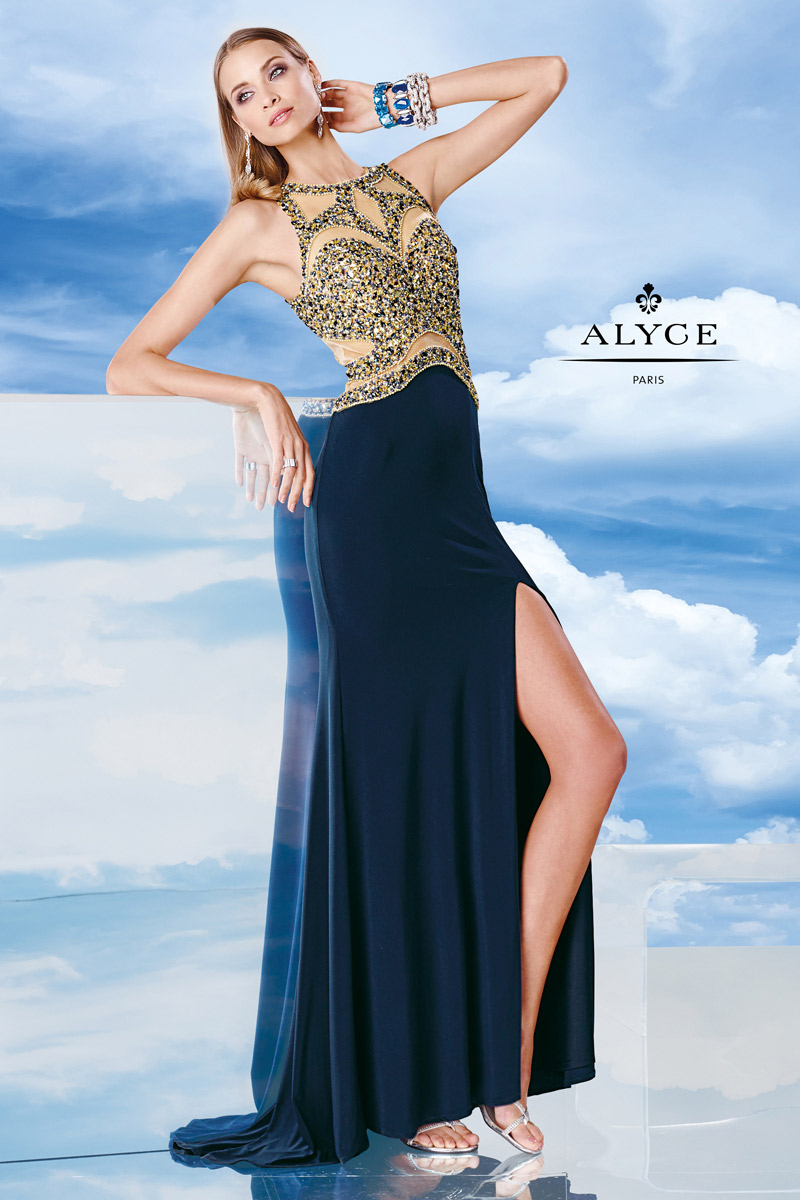 French Novelty: Alyce Paris 6466 Beaded Illusion Formal Dress