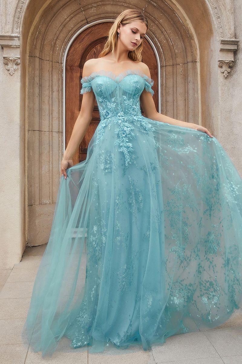 French Novelty: Andrea and Leo A1154 Cerulean Lace Off Shoulder Gown