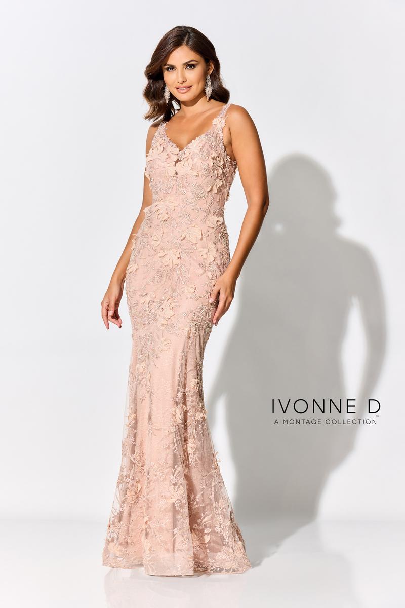 French Novelty: Ivonne D for Mon Cheri ID306 Floral Gown with Ruffle Shawl