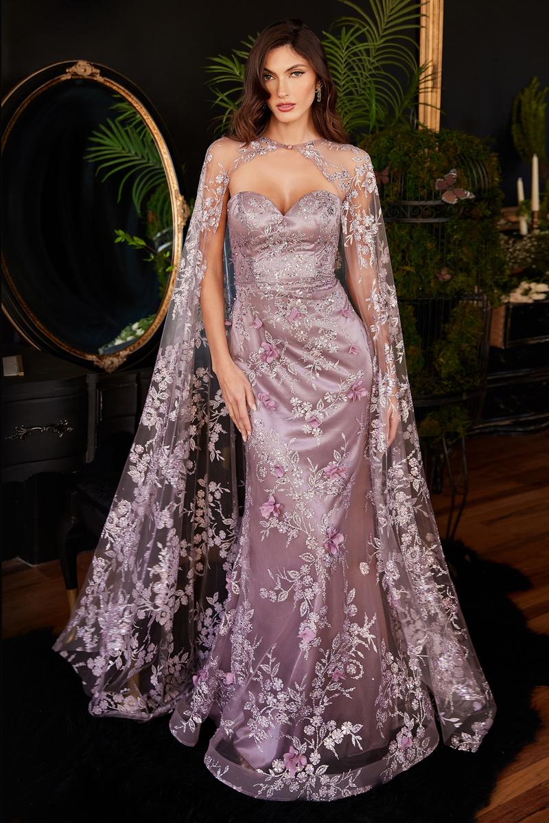 French Novelty: Ladivine J834 Floral Gown with Long Sheer Cape