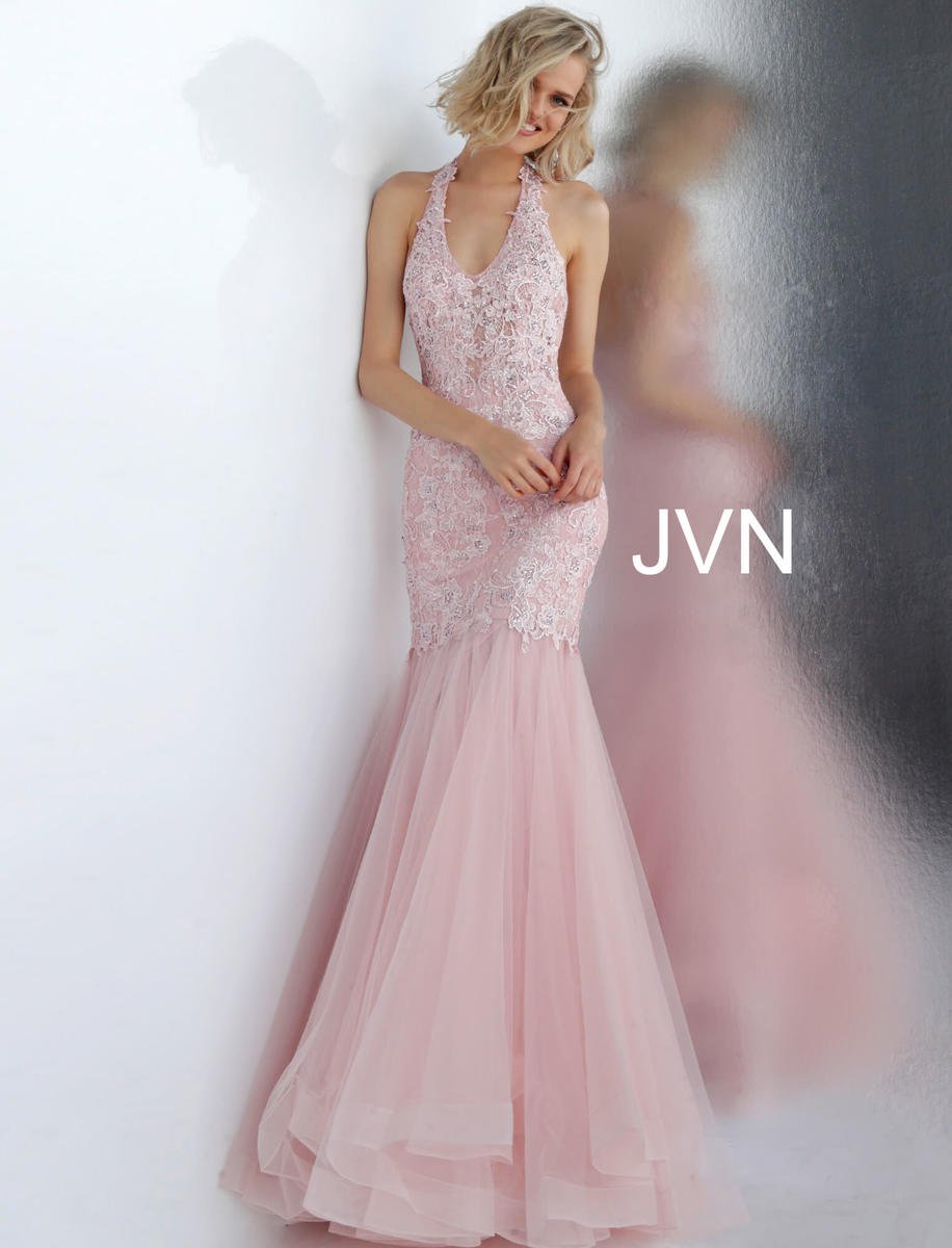 French Novelty Jvn Prom Jvn64106 Embroidered Halter Mermaid Dress
