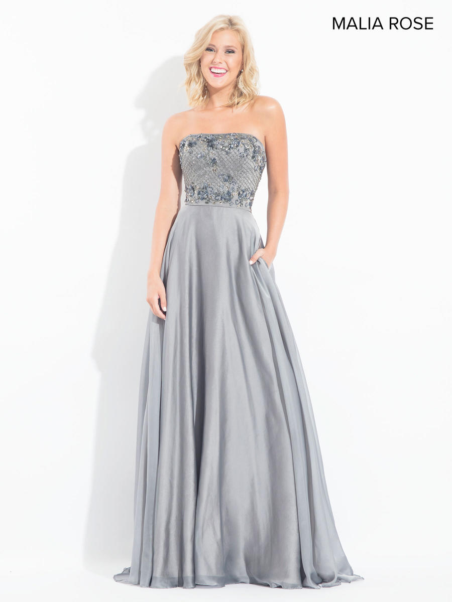 French Novelty: Malia Rose MP1022 Beaded Satin Prom Dress with Pockets