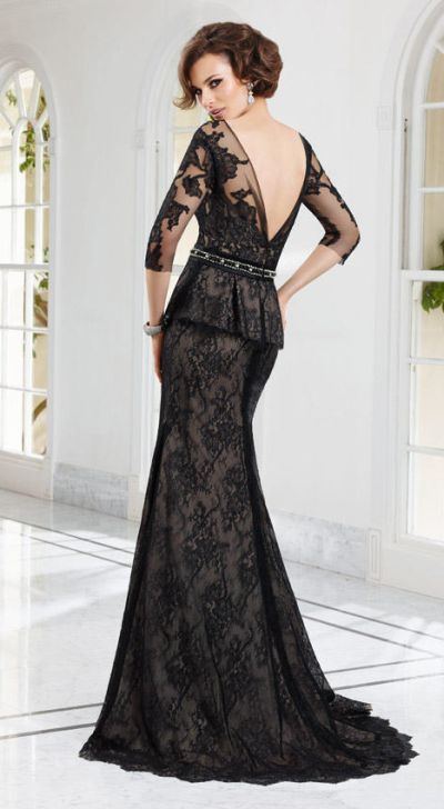 French Novelty: VM Collection 70916 Deep V Back Lace and Satin Formal Dress